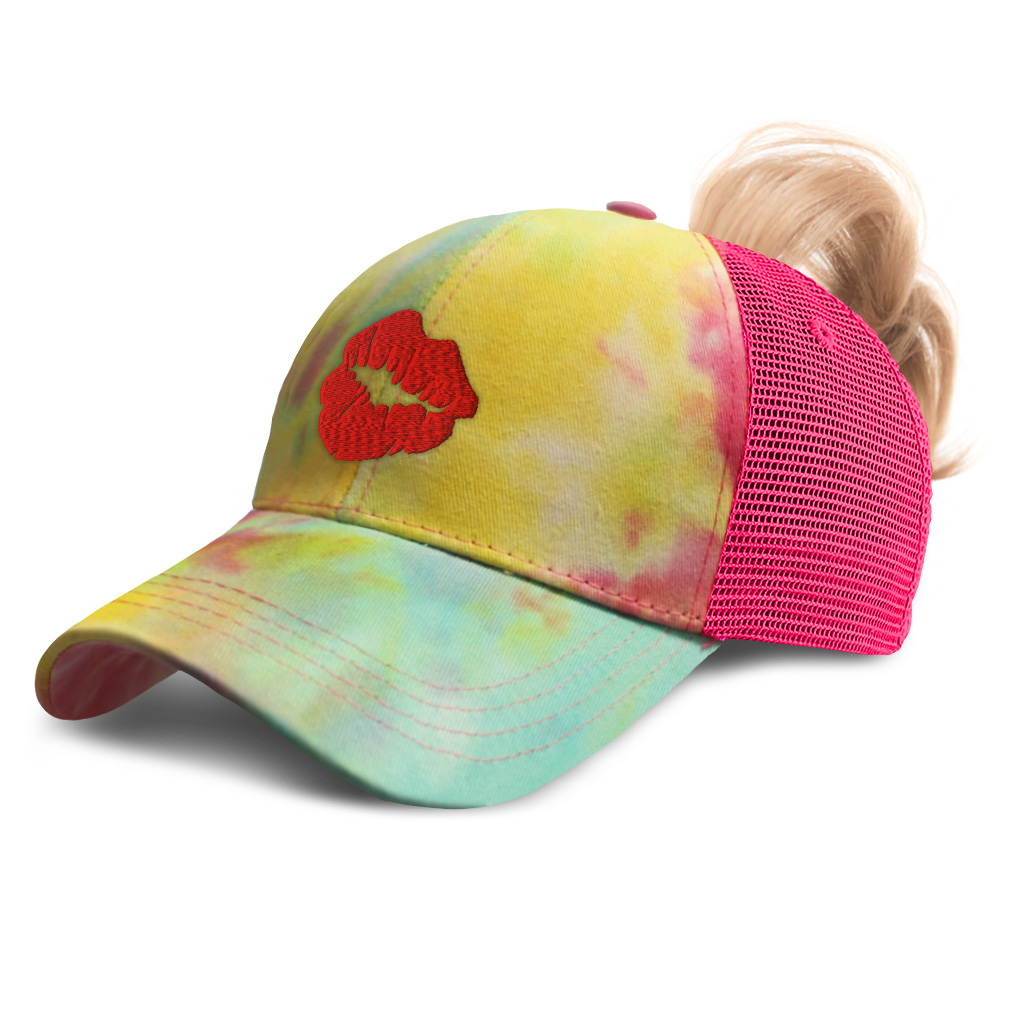 Womens Ponytail Cap Red Lips Kiss Embroidery Love Distressed Trucker ...